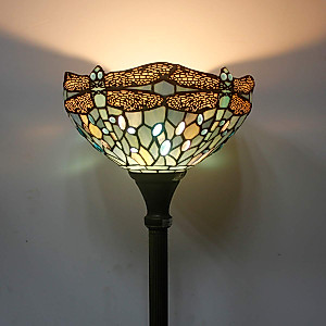 WERFACTORY Tiffany Floor Lamp Sea Blue Stained Glass Dragonfly Light 12X12X66 Inches Pole Torchiere Standing Corner Torch Uplight Decor Bedroom Living Room Home Office S147 Series