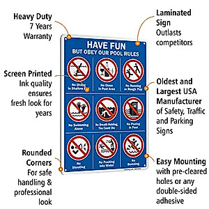SmartSign 14 x 10 inch “Have Fun But Obey Our Pool Rules” Swimming Pool Metal Sign with Symbols, Screen Printed, 40 mil Laminated Rustproof Aluminum, Multicolor