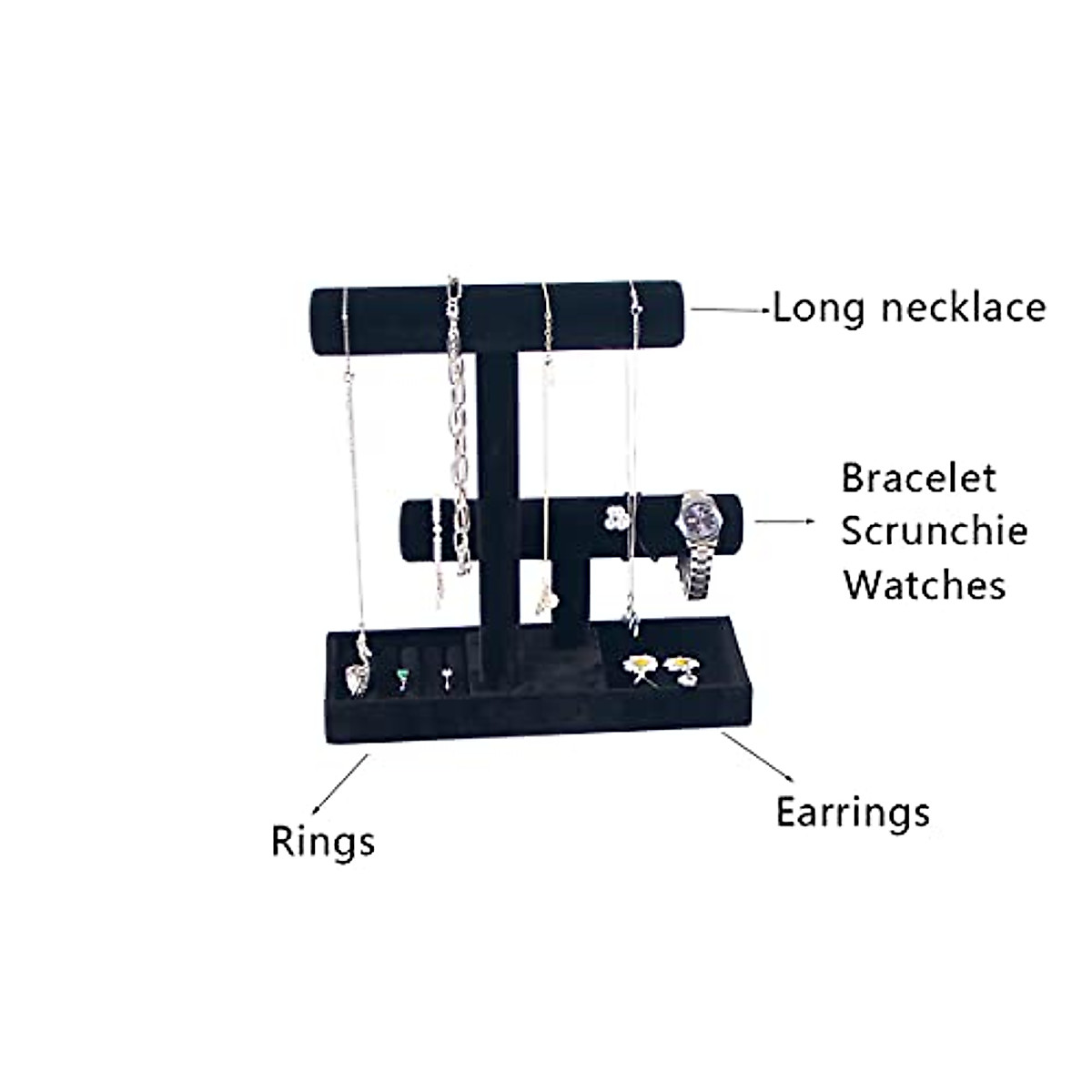 ByKen Multi-Functional Necklace Holder,Bracelet Holder,Jewelry Organizer Stand with Earrings Rings Tray,Jewelry Holder for Scrunchie Watches Detachable(Black Velvet)