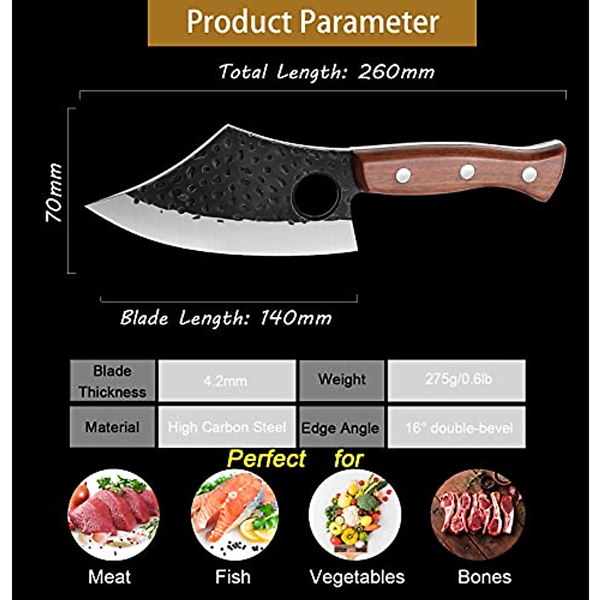 Purple Dragon Meat Cleaver Boning Knife Hand Forged Butcher Chef Knife Fillet Knife High Carbon Steel Full Tang with Leather Sheath Outdoor Knife for Kitchen Camping BBQ