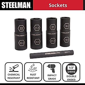 Steelman Pro 5-Piece 1/2-Inch Drive Metric 6-Point Thin Wall Impact Flip Socket and Knockout Bar Set with Half Sizes (18.5 x 19.5mm, 21 x 21.5mm, 22 x 22.5mm, and 21.5 x 22.5mm Sockets)