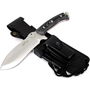 JEO-TEC Nº55 Full Tang Bushcraft Survival Hunting Camping Fishing Knife, Fixed Blade 6.7" MOVA-58 Scandi, Genuine Leather Multi-Position Sheath + Firesteel + Sharpener Stone, Handmade