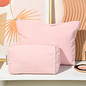 SOIDRAM 2 Pieces Makeup Bag Large Corduroy Cosmetic Bag Capacity Canvas Mix Travel Toiletry Bag Organizer Cute Makeup Brushes Aesthetic Accessories Storage Bag for Women, Corduroy Mix Pink