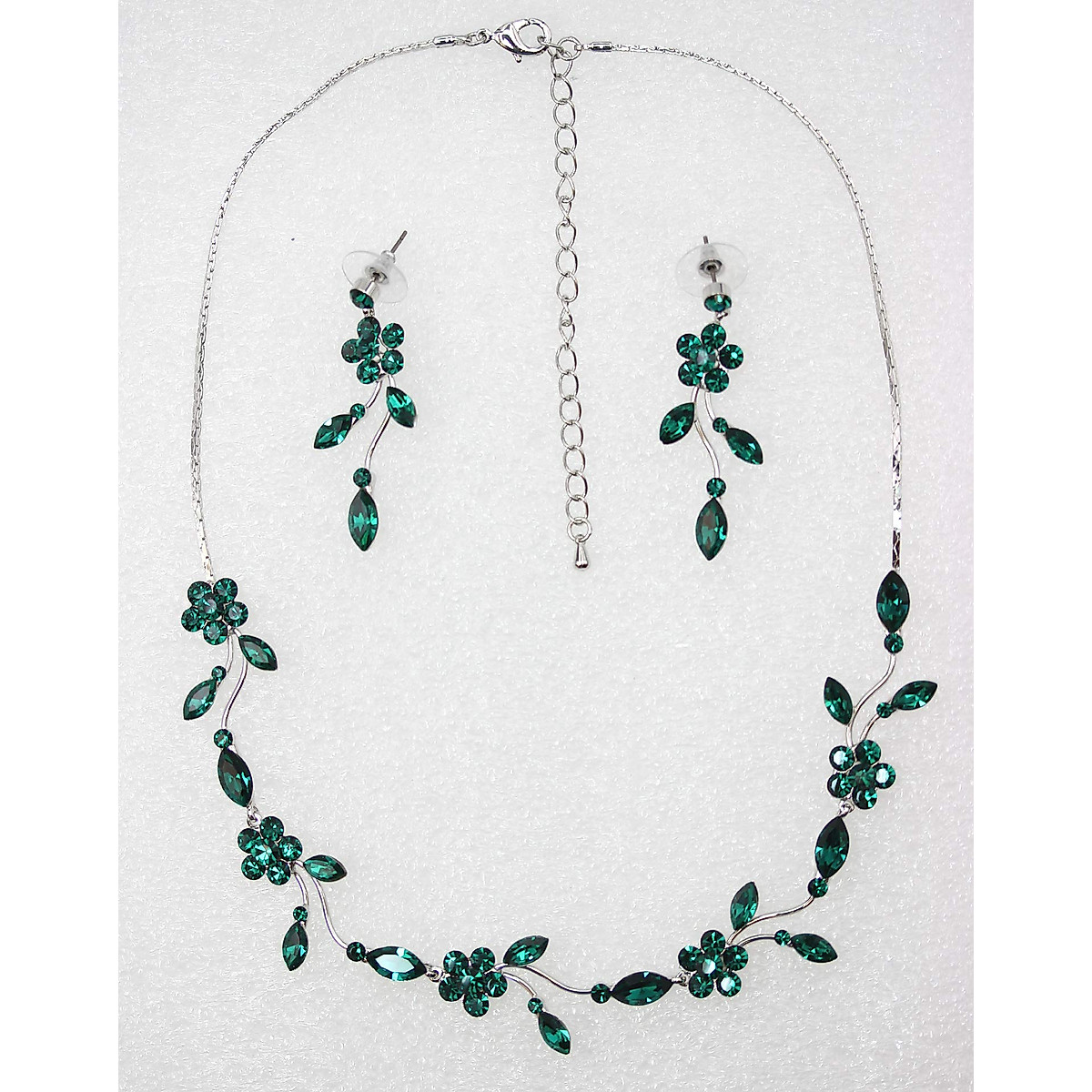 Faship Gorgeous Green Rhinestone Crystal Floral Necklace Earrings Set - Green