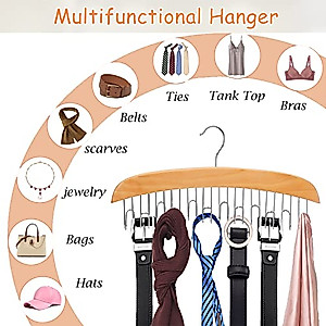 Belt Hanger for Closet, 360° Rotating Wood Belt Organizer with 12 Chrome Hooks, Resovo Space Saving Durable Hanging Closet Rack for Belts, Tank Tops. Accessories Holder for Ties, Scarves-Wood