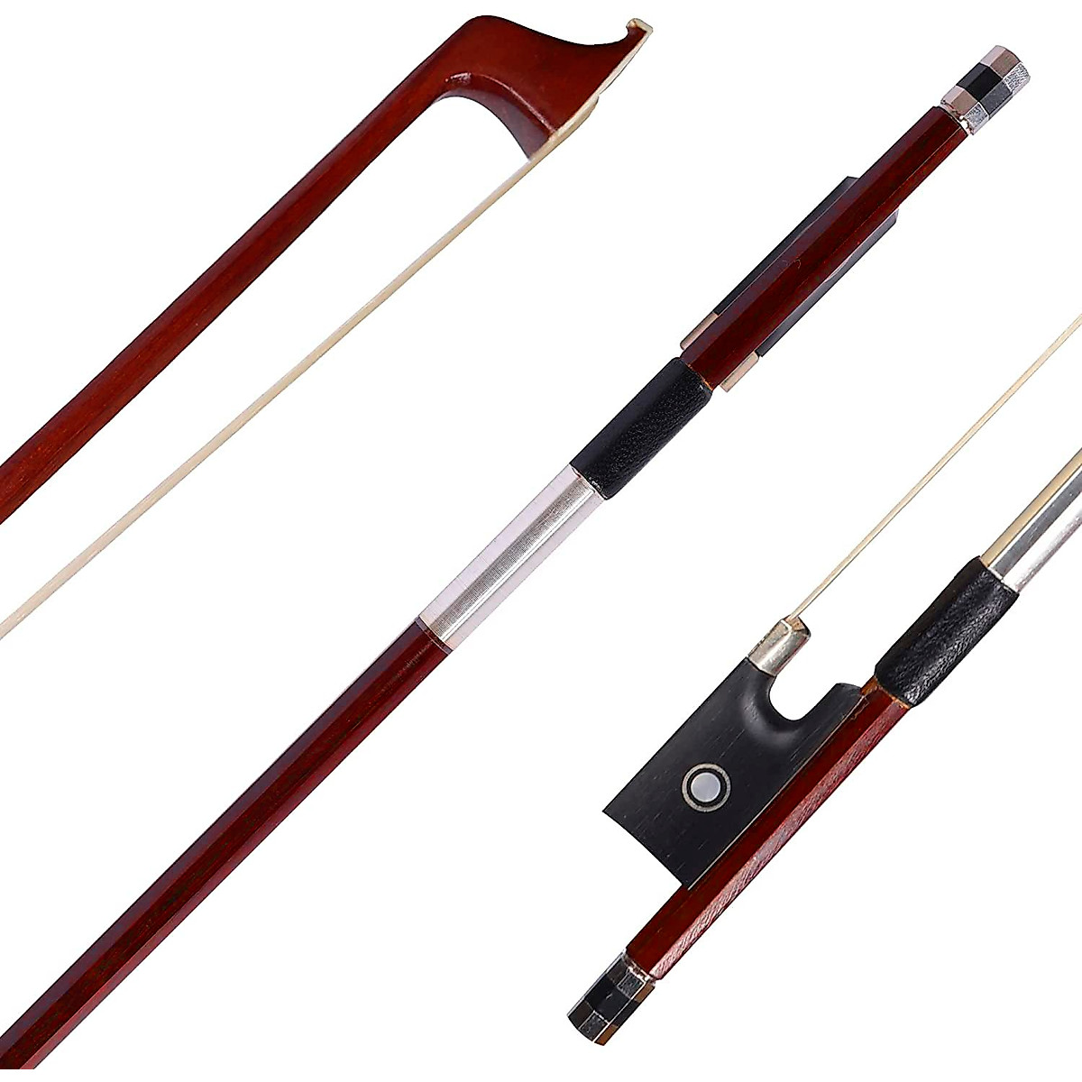 ADM 4/4 Full Size Student Violin Bow, Well Balanced Handmade Brazilwood Bow with Horsehair, Ebony Frog with Pearl Eye and Pearl Slide, Brown