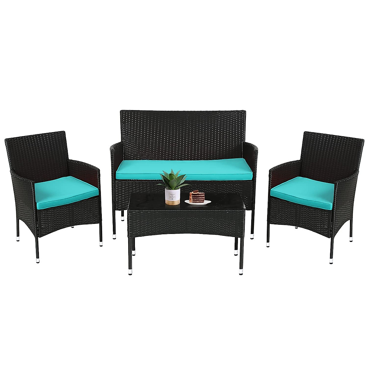 FDW Rattan Furniture Wicker Chair Patio Conversation Set for Outdoor Indoor Use with Loveseats Coffee Table,Blue Cushion, 4-Piece