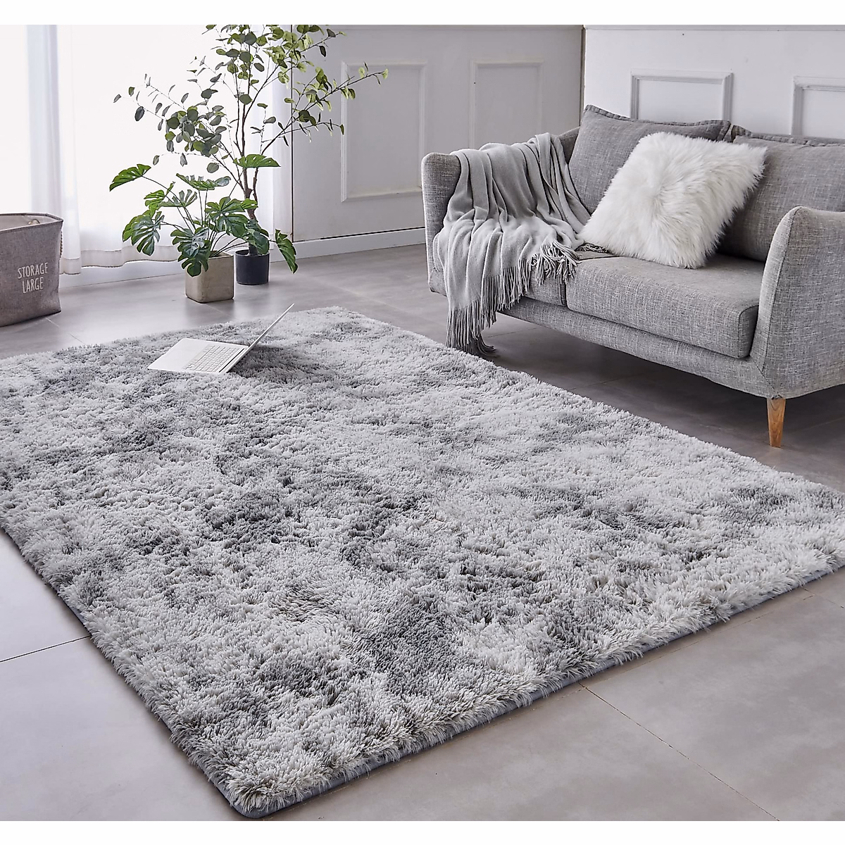 TABAYON Luxury Shag Area Rug, 3x5 Feet Tie Dyed Light Grey Rectangle Plush Fuzzy Rugs, Non-Slip Shaggy Furry Carpets for Bedroom