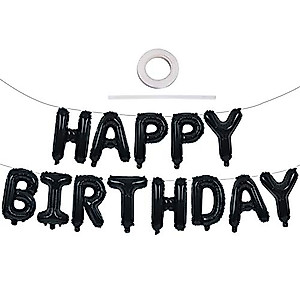 TONIFUL Black Happy Birthday Balloons Banner 16 Inch Mylar Foil Letters Birthday Sign Banner Bunting Reusable for Girls Boys Kids & Adults Birthday Decorations and Halloween Party Supplies
