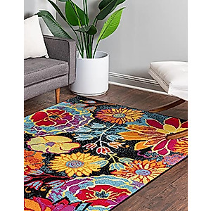 Unique Loom Lyon Collection Colorful Modern Floral Garden Area Rug, Rectangular 9' 0" x 12' 2", Black/Green