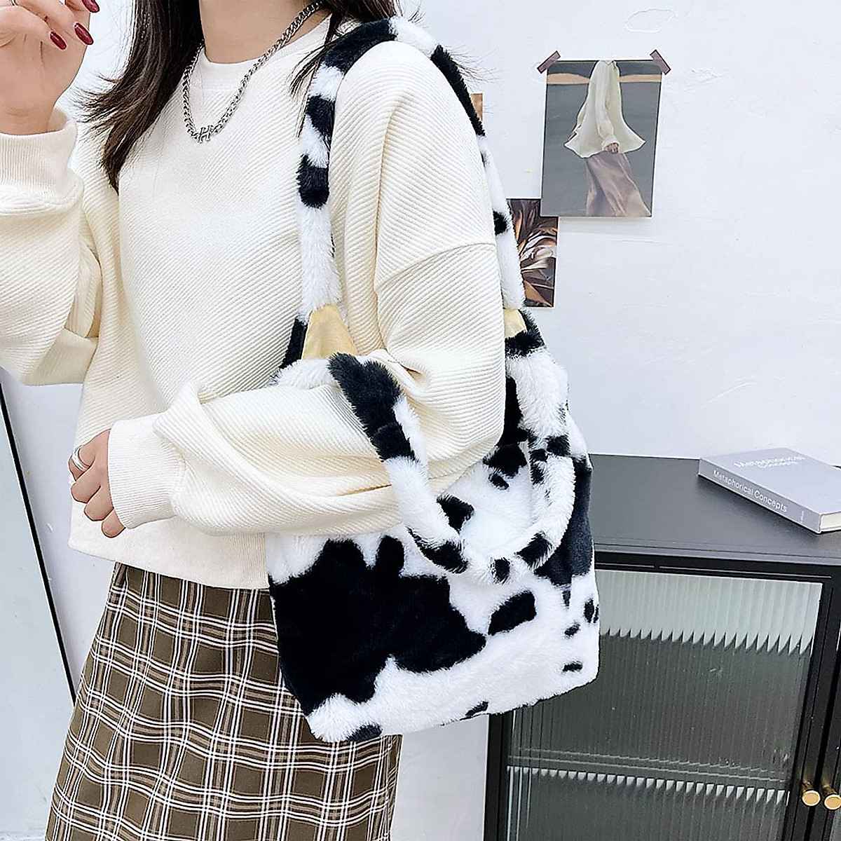 Aktudy Lar ity P Shoulr Bag, Cow Pattern Hobo Bag, Women Girl nter P Tote s