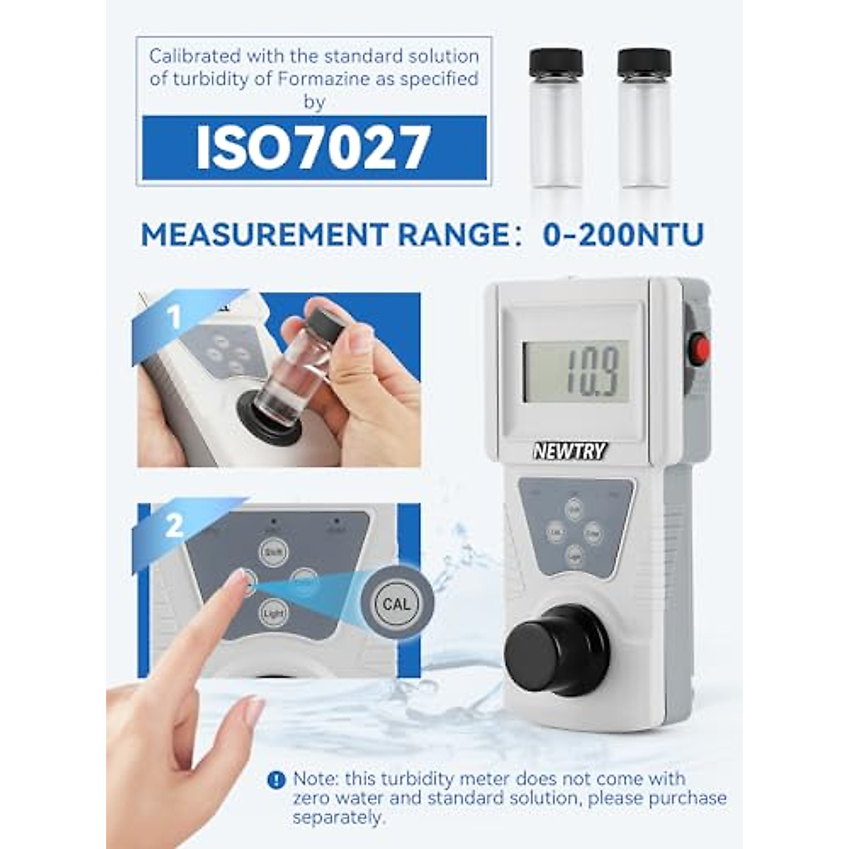 NEWTRY Turbidity Meter, Portable Digital Water Turbidimeter, ISO7027 Compliant, Accuracy 0.1, 0-200NTU, LCD with Backlight, for Lab Water Treatment Plant Wine Industry