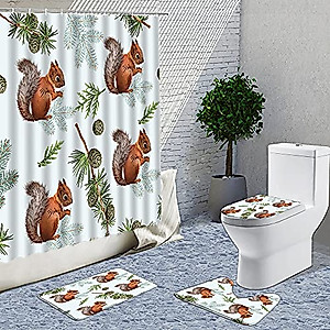 AXISRC Cartoon Animals Shower Curtain 4 Piece Set Squirrel Pine Nuts Butterfly Bird 3D Bath Decor Curtains Non Slip Mat Bathroom Supply 71x71inches