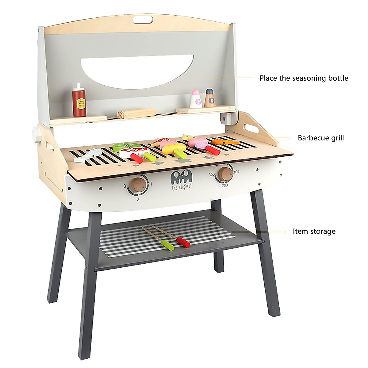 KIDS TOYLAND Wooden Pretend Barbecue Grill Play Set, Play Kitchen Set Cooking Gift for Girls and Boys - Best for 3 4 5 Year Old Kids