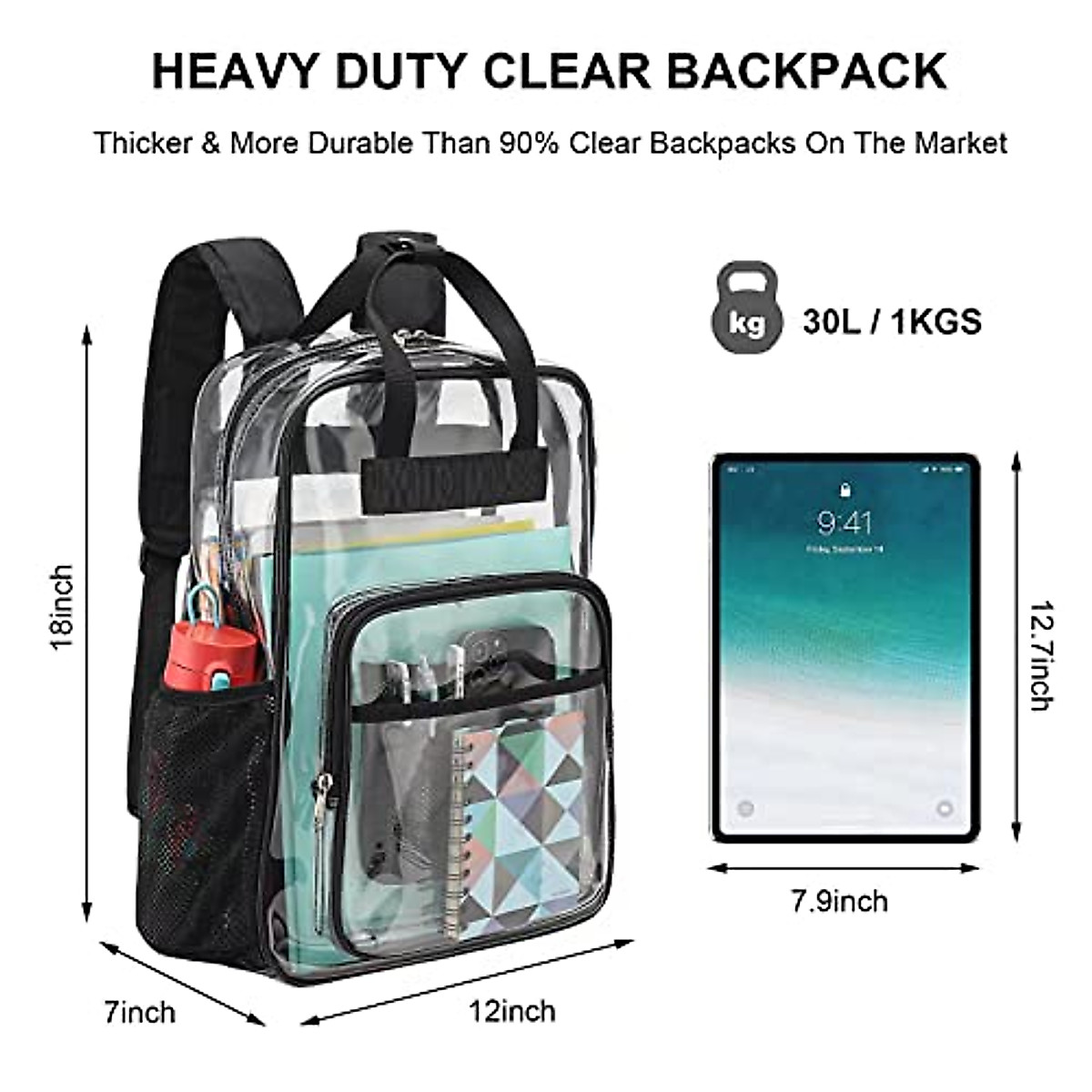 SharPlus Clear Backpack Large Heavy Duty Transparent See Through Plastic PVC Book Bag for School, Work, Stadium, Security, Travel-1 mm Thick PVC- 2 Ways Zippers