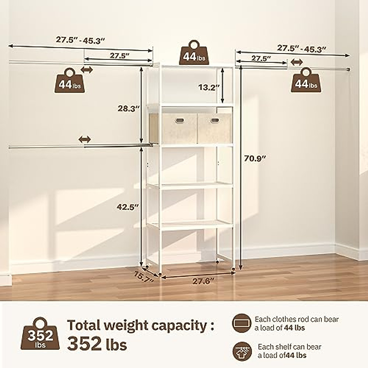 Homde Closet Organizer Storage System with 2 Storage Drawers and 3 Expandable Stainless Steel Hanger Rods,Bamboo Clothing Garment Rack,Freestanding Wardrobe Closet for Bedroom,White