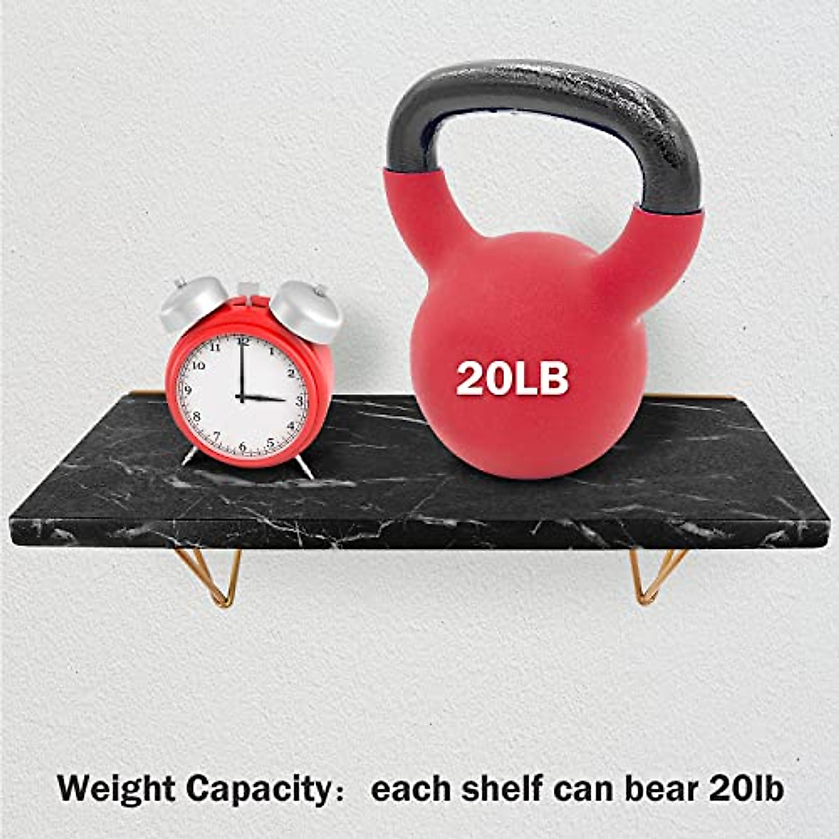 Black Floating Shelves, Wood Wall Mounted Floating Boards, Marbling Wall Shelves with Metal Brackets for Bedroom, Bathroom, Living Room, Kitchen, Laundry Room, Floating Shelves for Wall Decor Set of 2