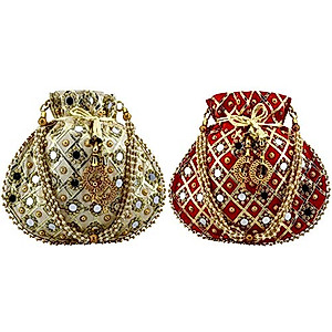 Lookingfab Presents Designer Rajasthani Style Silk Potli Velvet with Bridal Purse with Gota Patti Pottly Purse Women handbag Handicrafts Handmade Decorative Pure Silk Jaipuri Resham Potlis