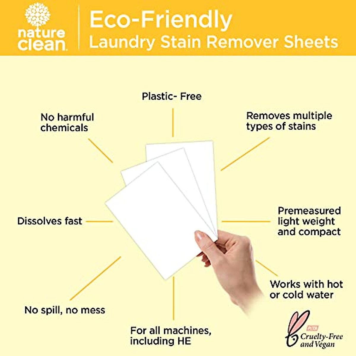 Nature Clean Natural Laundry Stain Remover Strips For Clothes 36 count, Non-Toxic Plastic-Free Packaging Unscented Eco-Friendly Biodegradable Septic Safe. Laundry Detergent Sheets Stain Remover for Fabric & Travel.