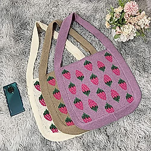 GGOOB Crochet Tote Bag Aesthetic Strawberry Purse Kawaii Purse Crocheted Bag Kawaii Tote Bag (Cream)