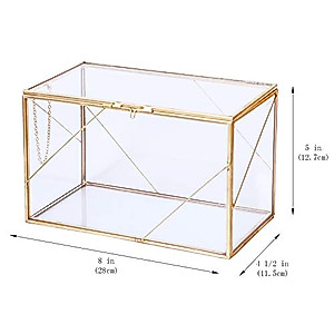Utopz Decorative Clear Glass Box with Golden Geometric Line & Brass Shadow Box, Jewelry Display Treasure Case, 8 × 4.5 x 5 inch