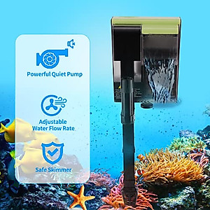 Yekavo Aquarium Filter, Quiet U-V Fish Tank Filter, Waterfall Adjustable Hang on Filter with Surface Skimmer, Green Water Killer, 5 Layers Filtration for 10 to 20 Gallons Freshwater Saltwater Tank