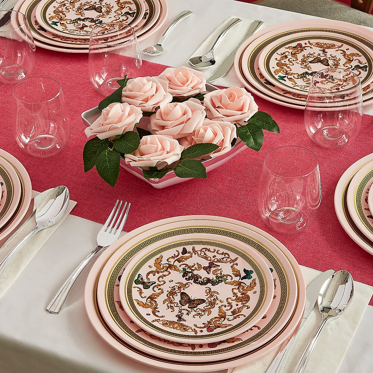 Butterfly Garden Plastic Salad Plates for Party (10 PC) Heavy Duty Disposable Dinner Set 9", Fine China Look Dishes for Baby Showers, Birthdays, Weddings, Engagements & Events - Blush - Versi