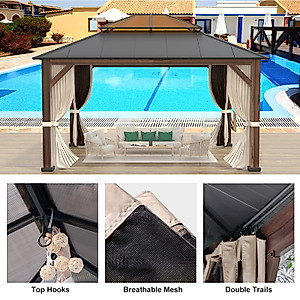 OLILAWN Gazebo 12x14, Hardtop Gazebo with Wood Finish Aluminum Frame, Galvanized Steel Double Top Gazebo with Ventilation, All-Weather Metal Gazebo with Netting and Curtains, for Patios Gardens Lawns