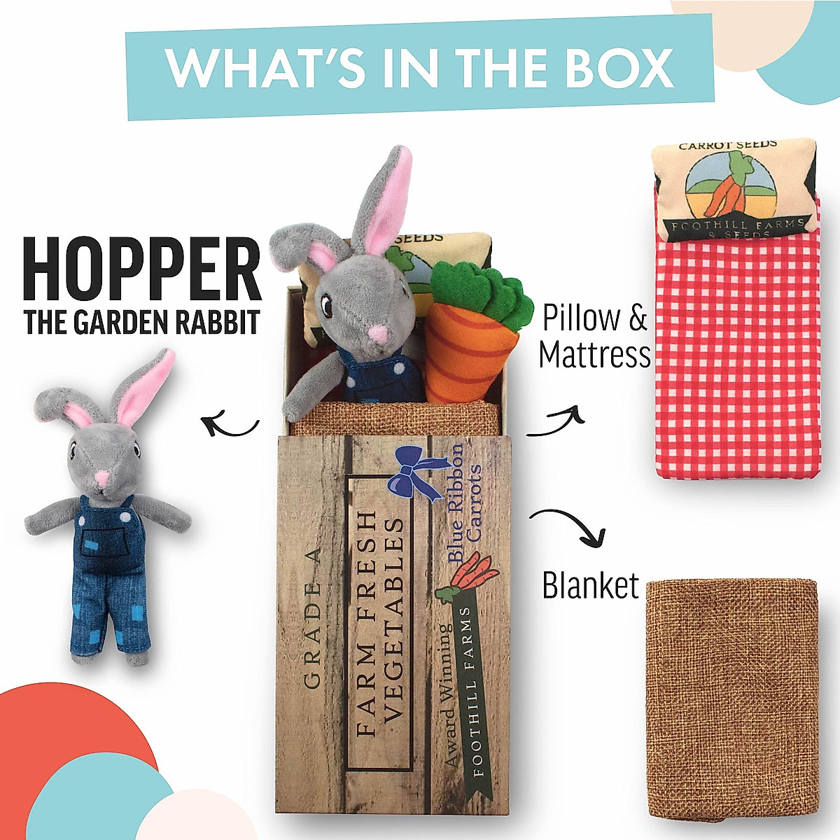 Foothill Toy Co. Animals in Boxes - 'Hopper The Garden Rabbit' Playset with Stuffed Bunny in a Vegetable Crate Bed