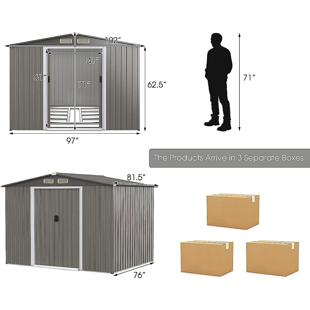 Goplus 8.5’ x 6.8’ x 6’ Outdoor Storage Shed, Weather-Resistant Utility Storage House w/Foundation, 4 Air Vents, Double Doors & Ramp, Galvanized Steel Tool Shed for Garden, Lawn, Patio, Yard