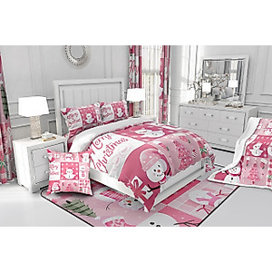 Xmas Duvet Cover Set Queen Size,Snowman Christmas Tree Snowflake Bedding Set for Kid Boys Girls Room Decor,Pink Plaid Comforter Cover 3Pcs,Merry Christmas Bedspreads Cover,2 Pillowcases(NO Comforter)