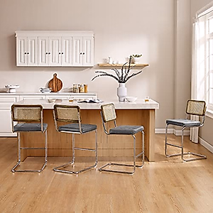 Volans Bar Stools Set of 2, Armless Rattan Bar Stools 26" with Oak Back Frame, Mid-Century Modern Bar Stools with Chrome Metal Legs, PU Leather Seat Bar Chairs for Kitchen Island, Gray