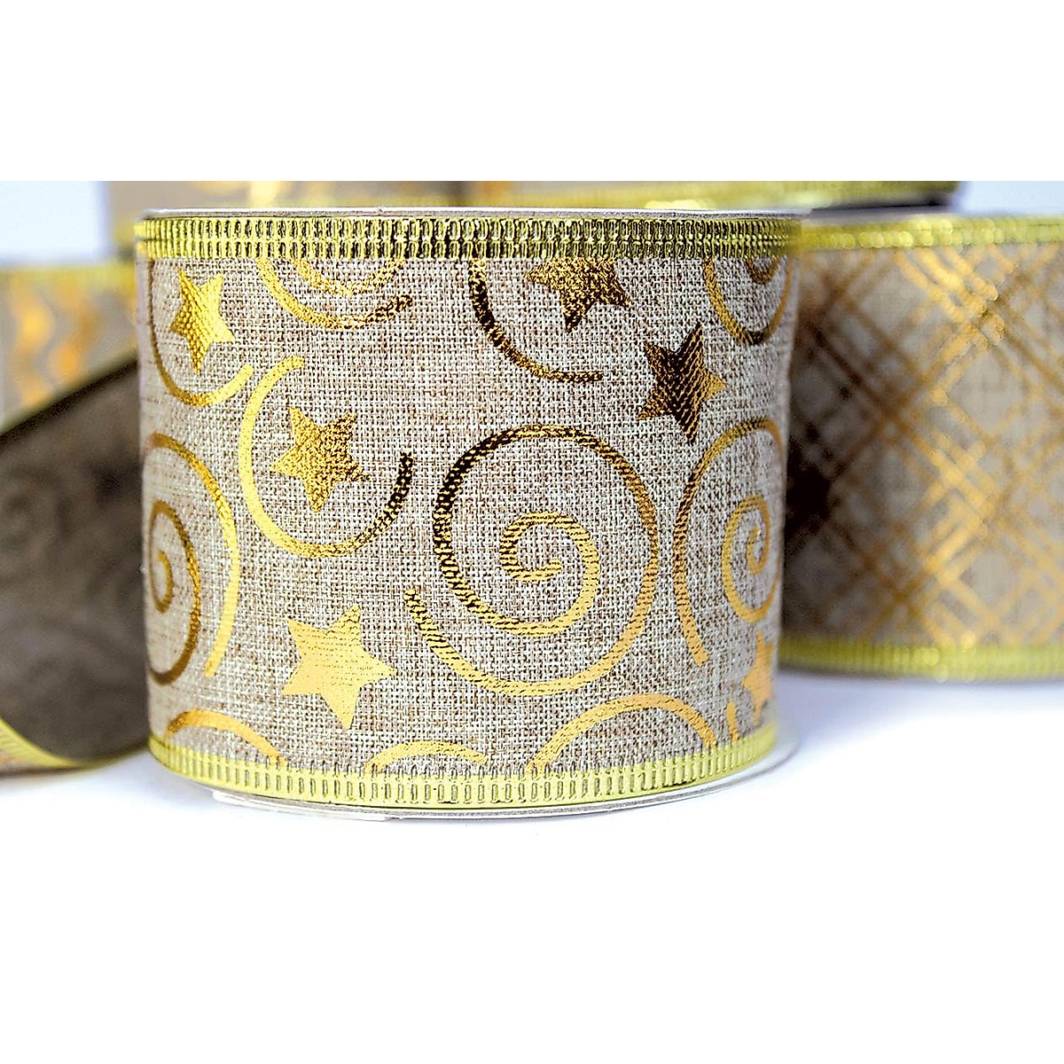 Gold Ribbon Wired Christmas Tree Ribbon 2.5 Inch Burlap Ribbons Xmas 6 Rolls 36 Yards Metallic Glitter Crafts Decorating Gift Wrapping Bows Gift Wrap Bow Trees Topper Wreath Indoor/Outdoor