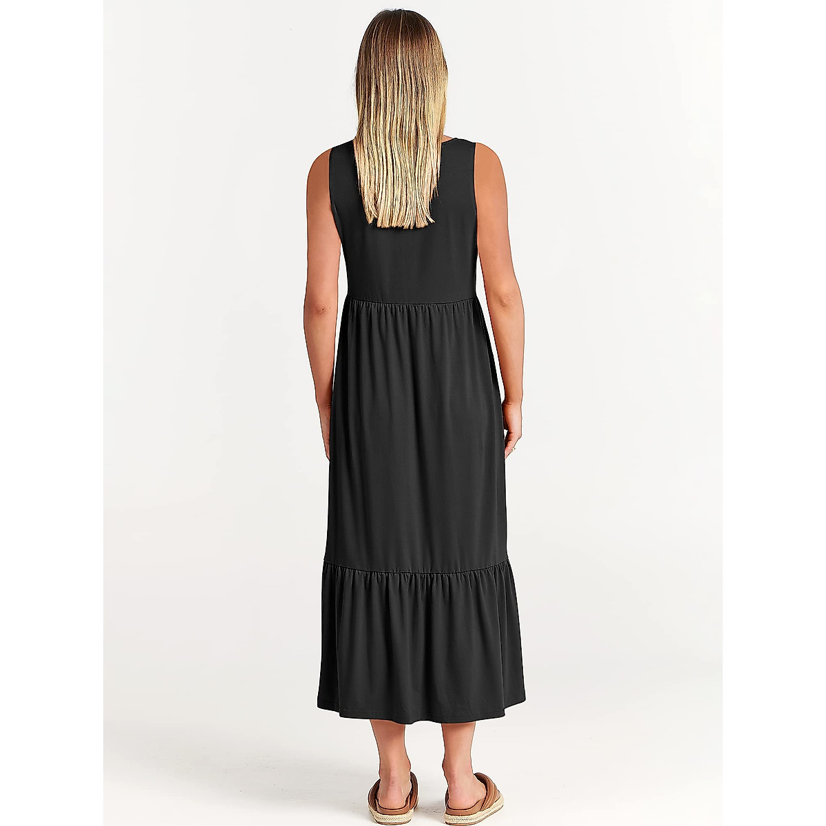 ANRABESS Women Summer Casual Sleeveless Crewneck Sundress Aline Flowy Tiered Maxi Long Beach Dress Vacation Outfits Medium Black
