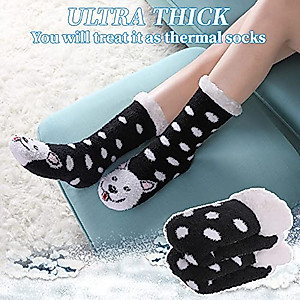 DYW Women Winter Thick Slipper Socks with Grippers Non Slip Warm Fleece Lining Fluffy Fuzzy Socks Christmas Gifts (Dog B)