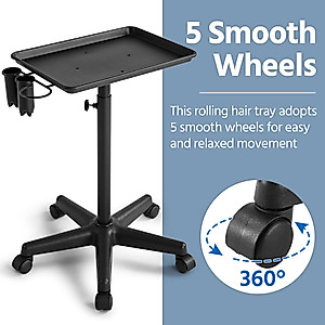 Yaheetech Rolling Salon Tray - Aluminum Trolley Cart Equipment on Wheels & Adjustable Height Mobile Beauty Salon Spa Stools Service Instrument Storage Tray w/Accessory Caddy - Black