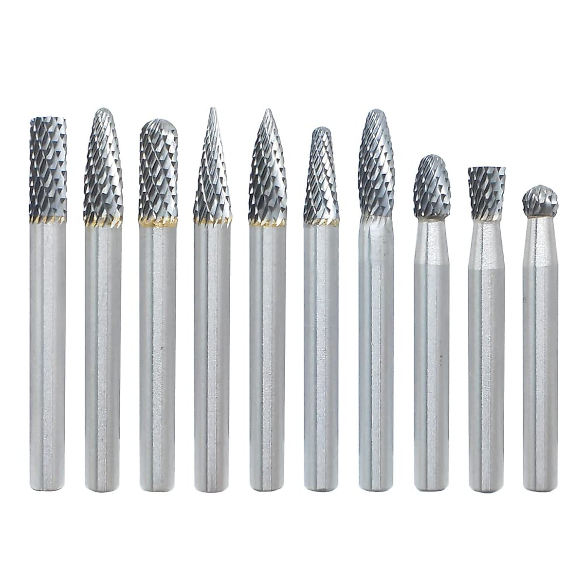 10pcs Carbide Burr Set 1/4 Inch Shank, Head Dia 6mm Die Grinder Bits, Double Cut Solid Tungsten Rotary Files for Steel and Wood Working, Grinding, Carving, and Engraving