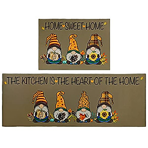 Fuoxowk Thanksgiving Decor Kitchen Mat and Rug Set-Gnome Kitchen Rugs and Mats Non Skid Washable,Floor Cushion Waterproof Rug,Rubber Backed Area Rugs for Kitchen Sink,Laundry Room,Indoor Floor,Brown