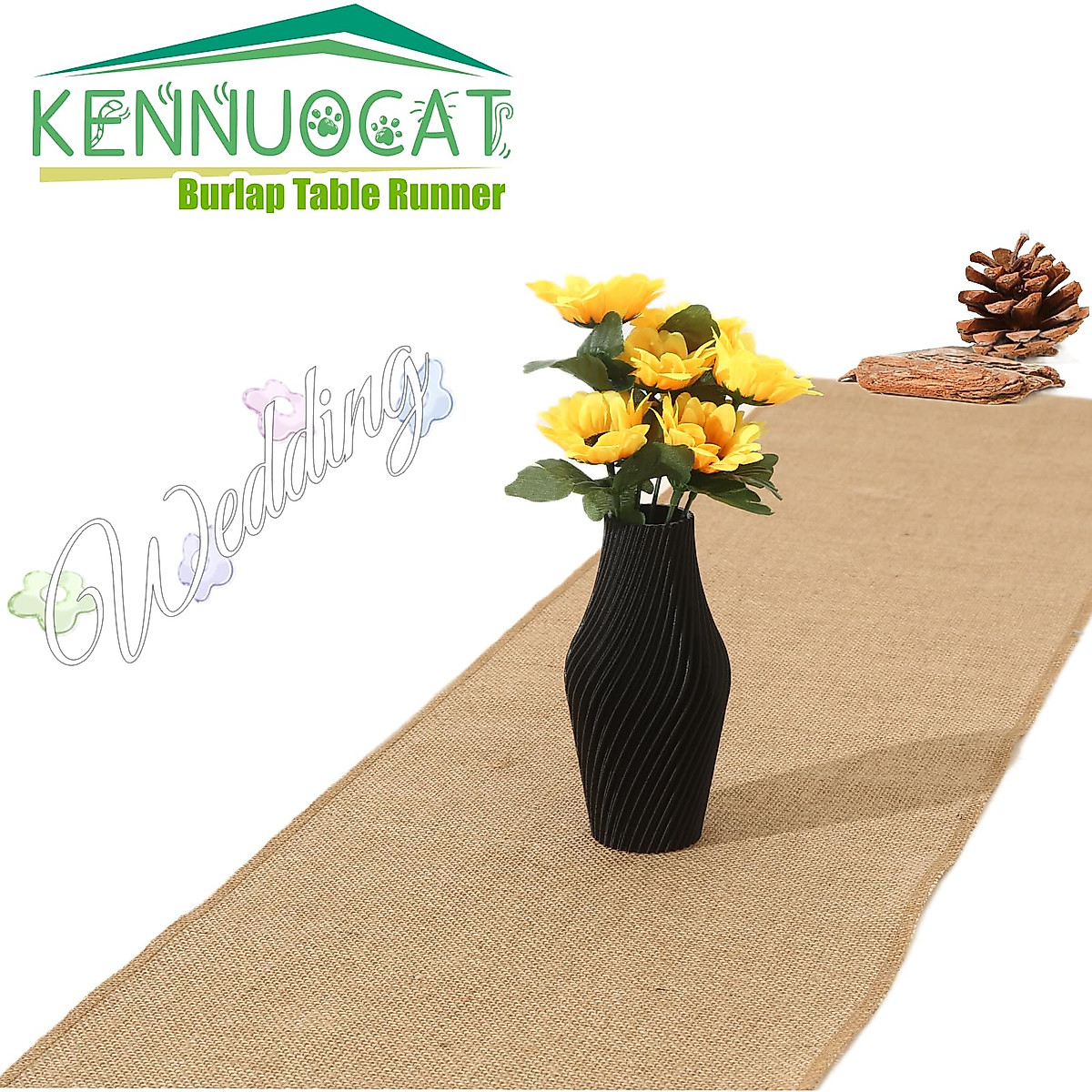 KENNUOCAT Burlap Table Runners - Natural and Eco-Friendly Versatile Premium Jute Fabric Rolls -12x108Inches(1 Roll) Decor for Weddings,Partie,Events and Home-Rustic Style Tablecloth-DIY Crafts