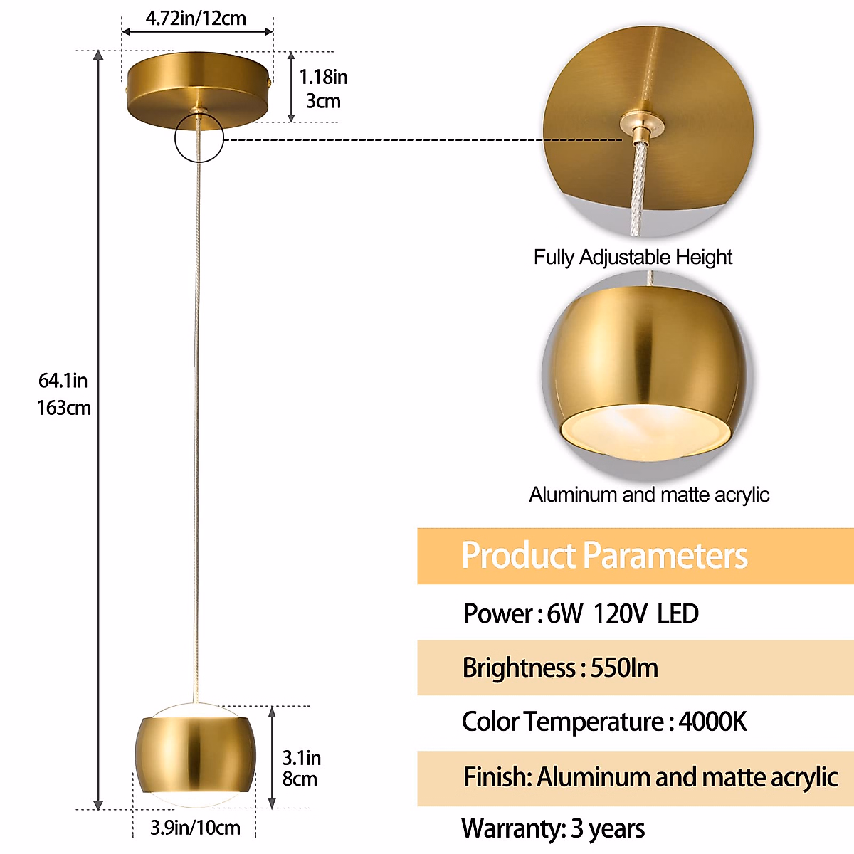 ADCTHOME Modern LED Dimmable Pendant Light fixtures,Mini Island Pendant Lighting for Kitchen Island Dinning Room,Bedroom,Bar, Kitchen Island Ceiling Hanging Light Fixtures(gold-3-Pack)
