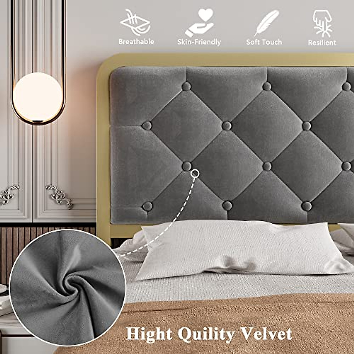 Feonase Twin Metal Bed Frame, Heavy Duty Platform Bed Frame with Steel Slats, Velvet Upholstered Headboard, 12" Storage Space, No Box Spring Required, Noise Free, Easy Assembly, Golden and Gray