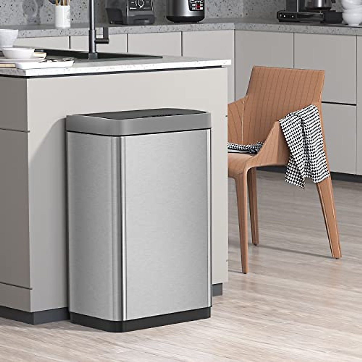 Mbillion Touchless Infrared Motion Sensor Trash Can 13.2 Gallons, Rectangular Stainless Steel Finish Hands-Free Automatic Open Smart Garbage Can for Home and Office Steel Brushed