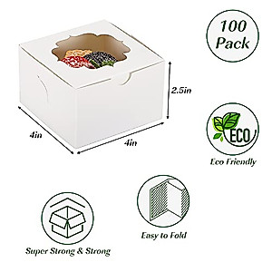 TOMNK 100pcs 4 Inches White Bakery Boxes Cookie Boxes Kraft Baking Box with Window for Cupcakes Candy Chocolate Strawberries Muffins Donuts and Party Favor 4x4x2.5 Inches