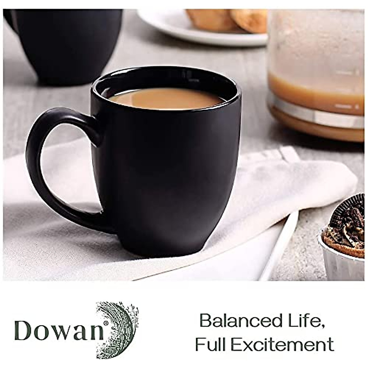 DOWAN Coffee Mugs, Black Coffee Mugs Set of 6, 16 oz Ceramic Coffee Cups with Large Handles for Men Women, Porcelain Big Mug for Tea Latte, Housewarming Wedding Gifts