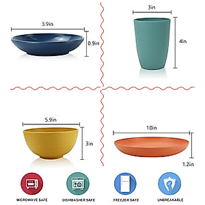Wrova Wheat straw plates and bowls sets of 16 - Unbreakable wheat straw dinnerware sets for kids - Alternative plastic dinnerware set service for 4 - Microwave safe and Dishwasher safe bowls. Colorful