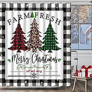 Likiyol 4 Pcs Merry Christmas Shower Curtain Sets with Non-Slip Rugs, Toilet Lid Cover and Bath Mat, Buffalo Plaid Shower Curtain with 12 Hooks, Winter Holiday Tree Shower Curtain