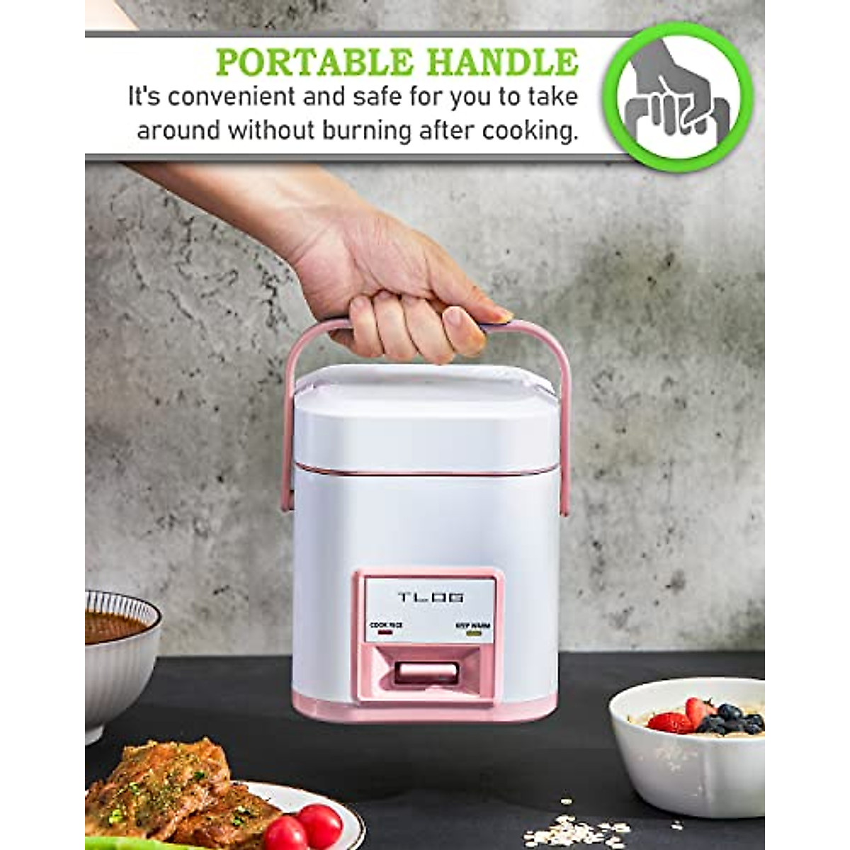 TLOG Mini Rice Cooker 2.5-Cup Uncooked(5-Cup cooked), Healthy Ceramic Coating 1.2L Small Rice Cooker for 1-3 People, Portable Travel Rice Cooker with Steam Tray, Rice Maker for Grains, White Rice, Oatmeal, Veggies