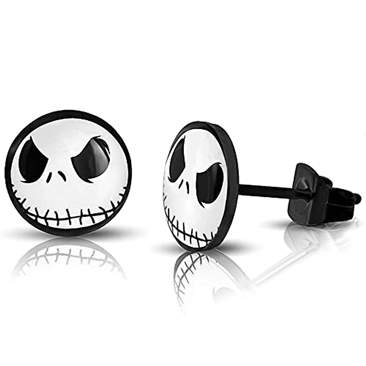 2 Pairs Set Halloween Stud Stainless Steel Jack Skellington Cut-Out Round Circle Button Stud Piercing Jewelry with Jack Skellington Face Post Earrings Add Horror Halloween Atmosphere for Men Unisex(A)