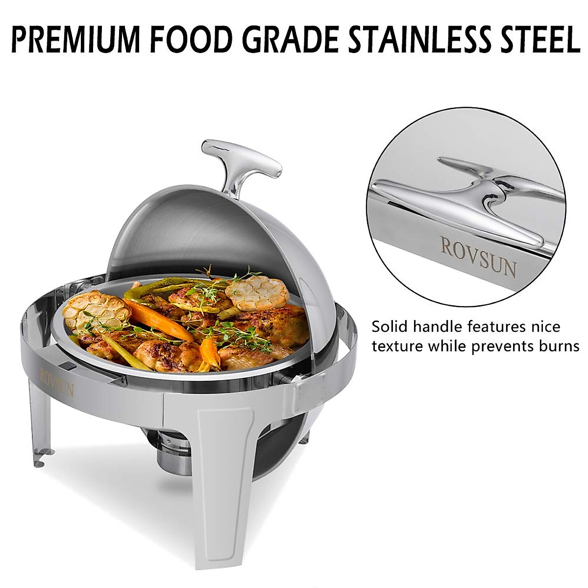ROVSUN Chafing Dish Buffet Set,6 Quart Roll Top Stainless Steel Chafer, NSF Round Set with Food Pan, Water Pan and Fuel Holders, for Wedding, Parties, Banquet, Catering Events