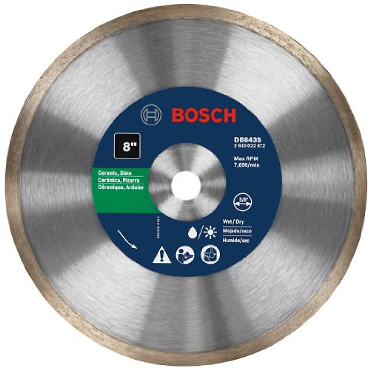 BOSCH DB843S 8 in. Standard Continuous Rim Diamond Blade with 5/8 in. Arbor for Clean Cut Wet/Dry Cutting Applications in Tile, Ceramic, Slate